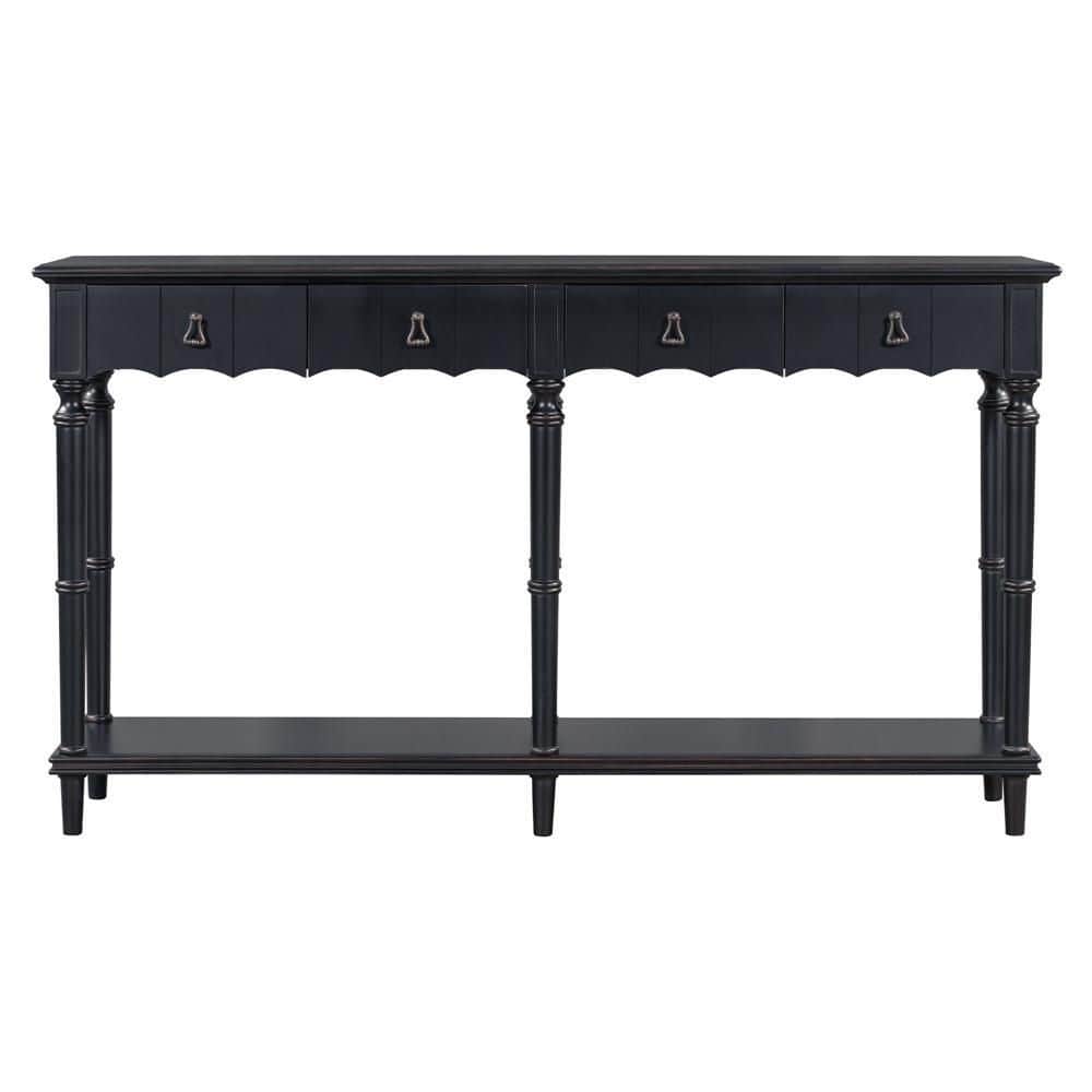 MOJAY 63 in. Antique Black Standard Rectangle Wood Console Table with 4 ...