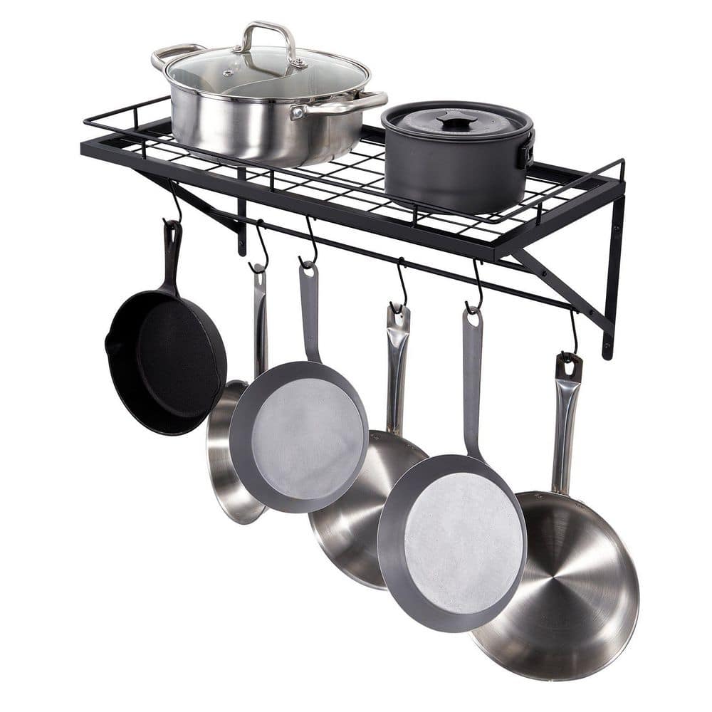 Numhew 24 in. Black Wall Mounted Pot Rack with 12 S Hooks, Pot and Pan ...