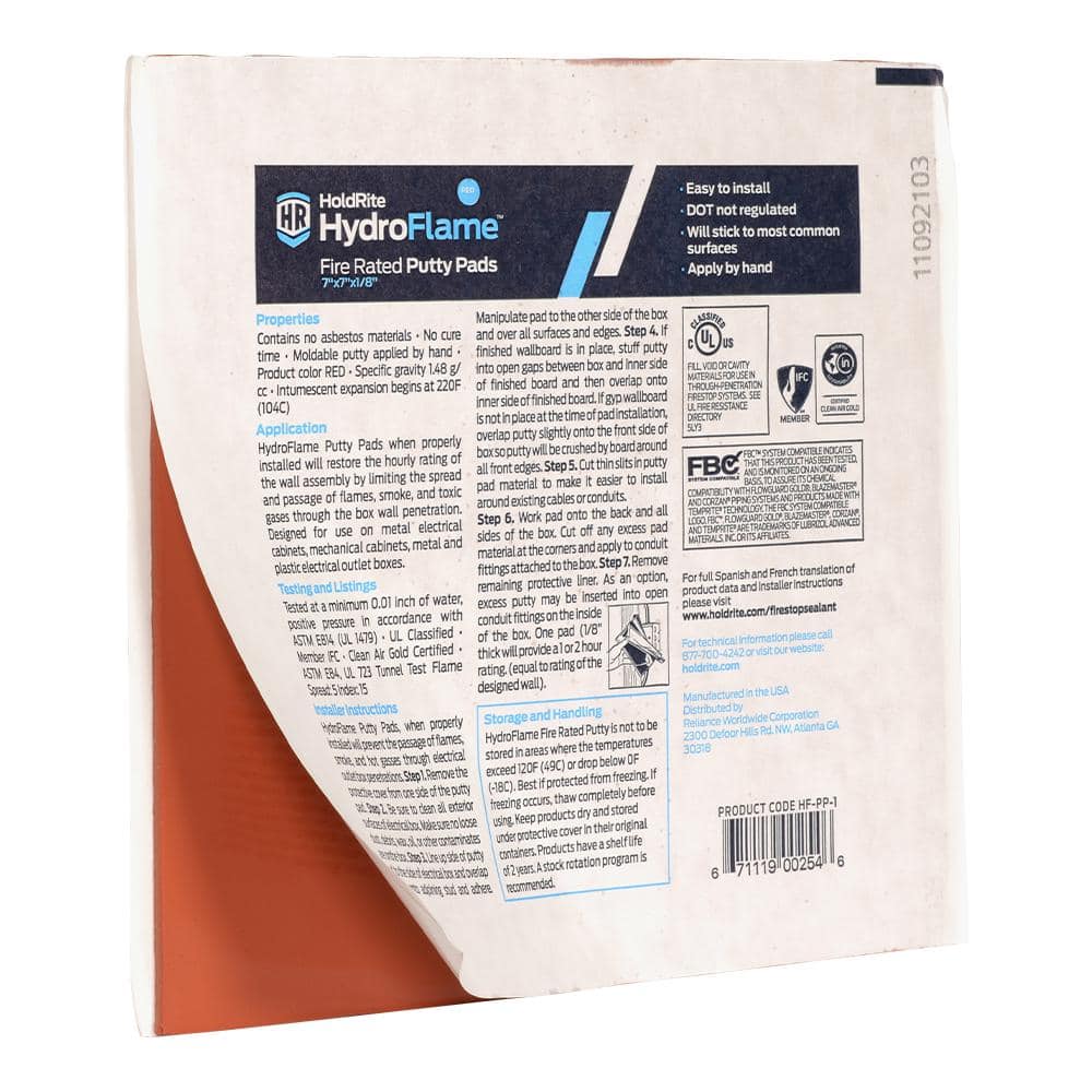 HOLDRITE HydroFlame Firestop Pro 7 in. x 7 in. Intumescent Putty Pad HF ...