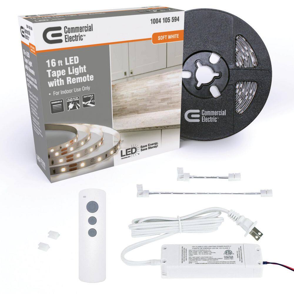 Commercial Electric 16 ft. White Indoor LED Tape Light w/remote (Plug ...