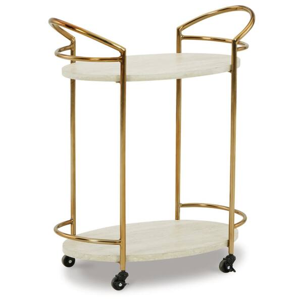 Signature DESIGN BY ASHLEY Tarica Beige/Gold Bar Cart with 2 Shelves ...