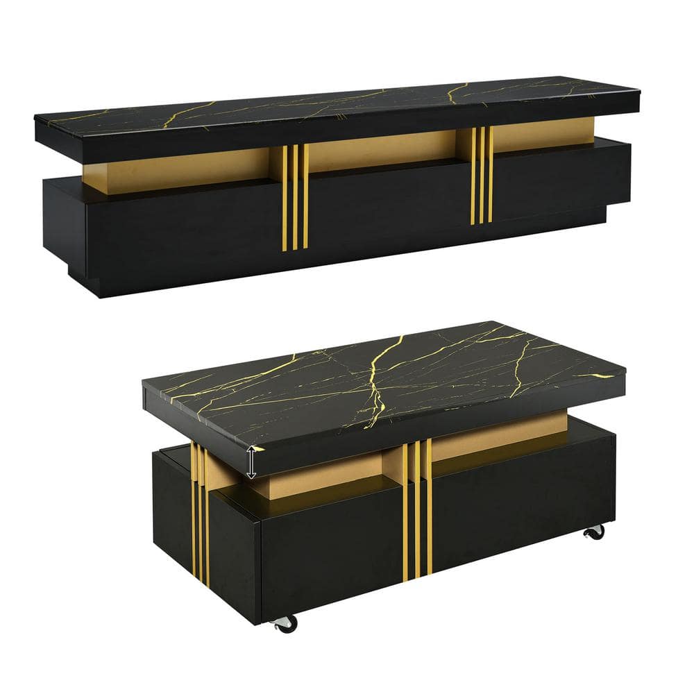 Zeus & Ruta Black Modern Luxury TV Stand and Coffee Table Set of 2, for TVs Up to 78 in. with ...