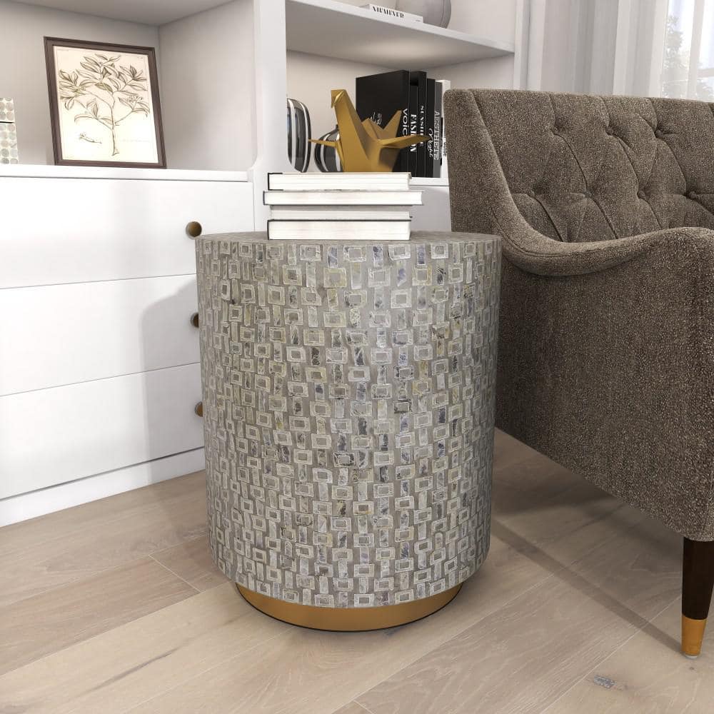 Litton Lane 18 in. Gray Large Round Wood End Table with Gold Base 74046 ...