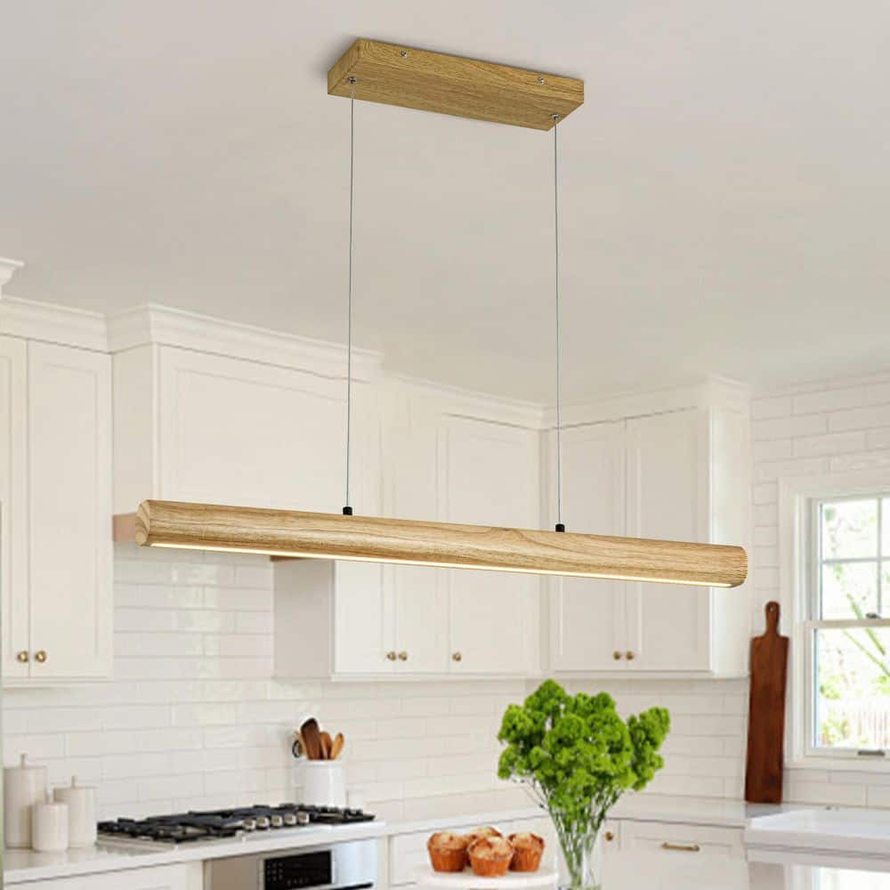 HUOKU Linne 1-Light 32.7 in. W Wood Integrated LED Billiard Lighting ...