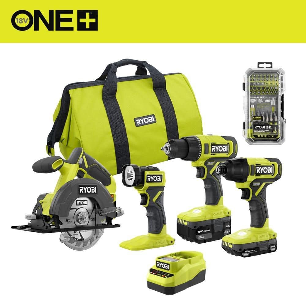 RYOBI ONE+ 18V Cordless 4-Tool Combo Kit with 1.5 Ah Battery, 4.0 Ah ...