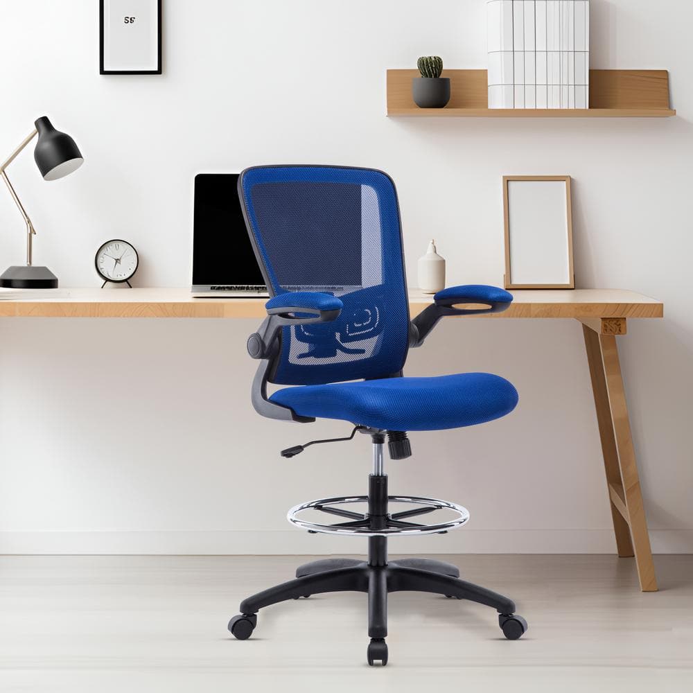 MAYKOOSH Blue Flip-Top Ergonomic Mesh Drafting Swivel Desk Chair Lumbar ...