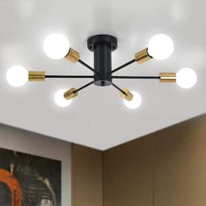 LWYTJO Theis 22 in. 6-Light Gold Semi Flush Mount Sputnik Chandelier Linear Ceiling Mount Light ...