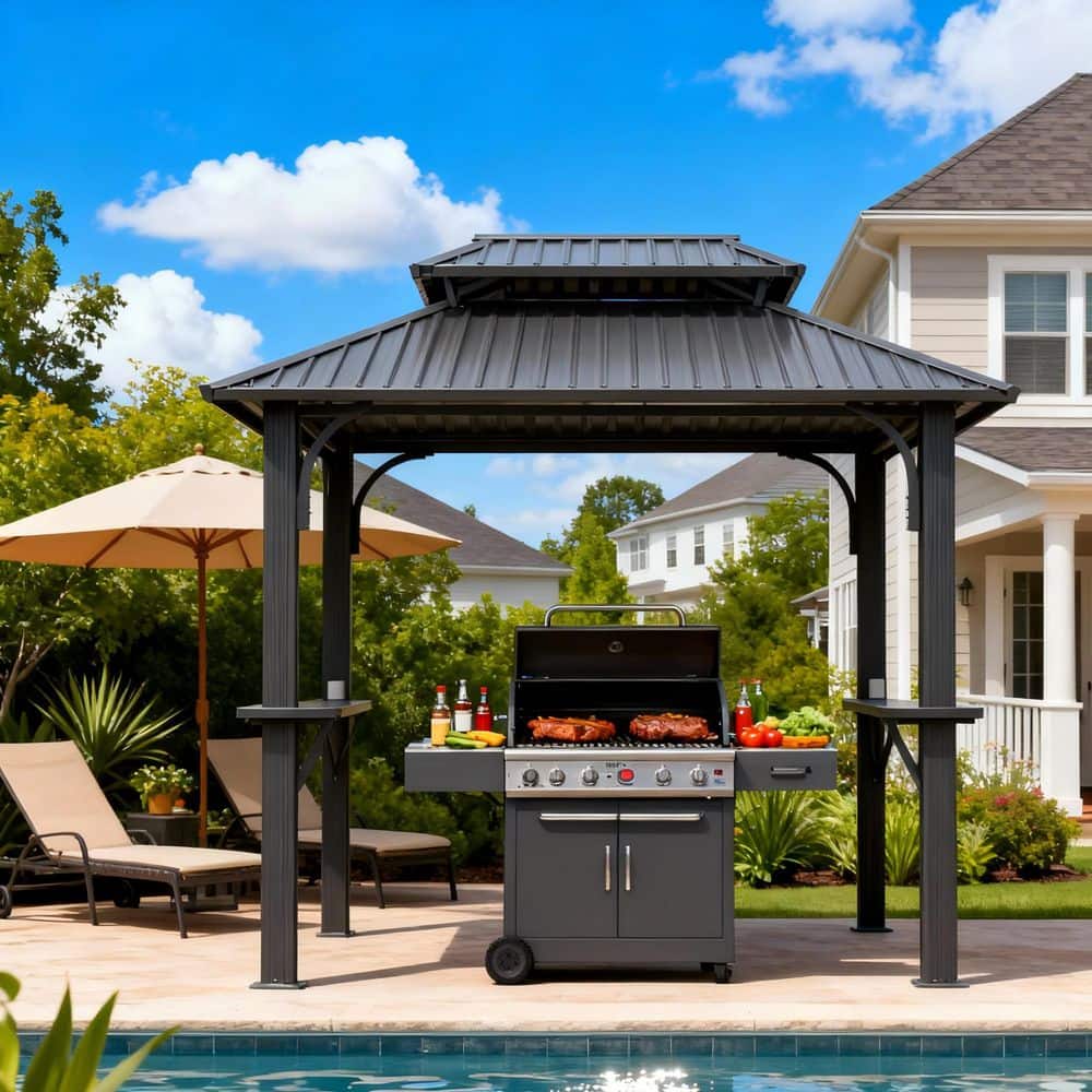8 ft. x 5 ft. Outdoor Gazebo with Double Roof, Sturdy Galvanized Steel ...