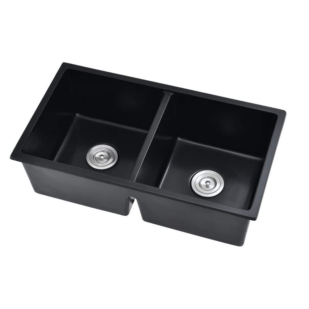 LANDOLT Quartz Matte Black 32 in. 50/50 Double Bowl Composite ...