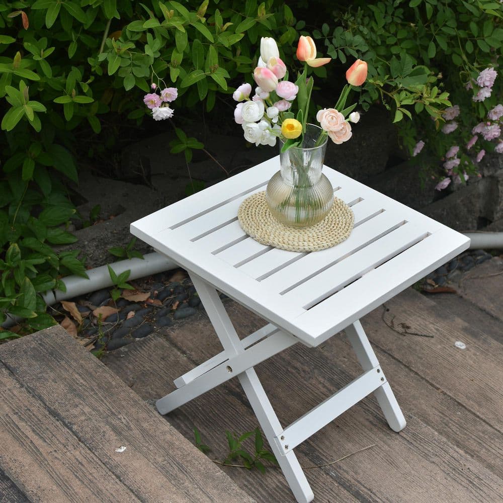 Hngilkoo White Wood Folding Patio Side Table Outdoor Small End Portable ...