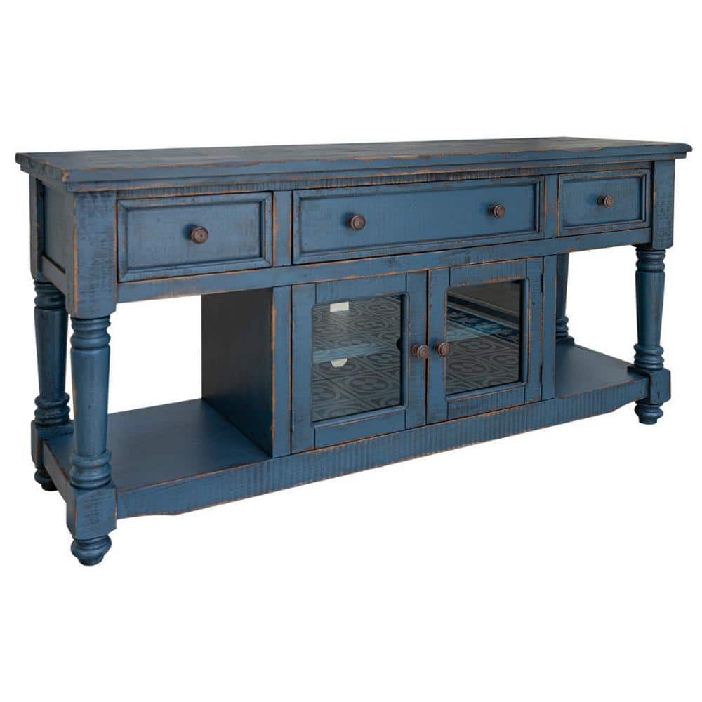 Benjara 70 in. Dark Blue Wood TV Stand Fits TVs up to 78 in. with 3 ...