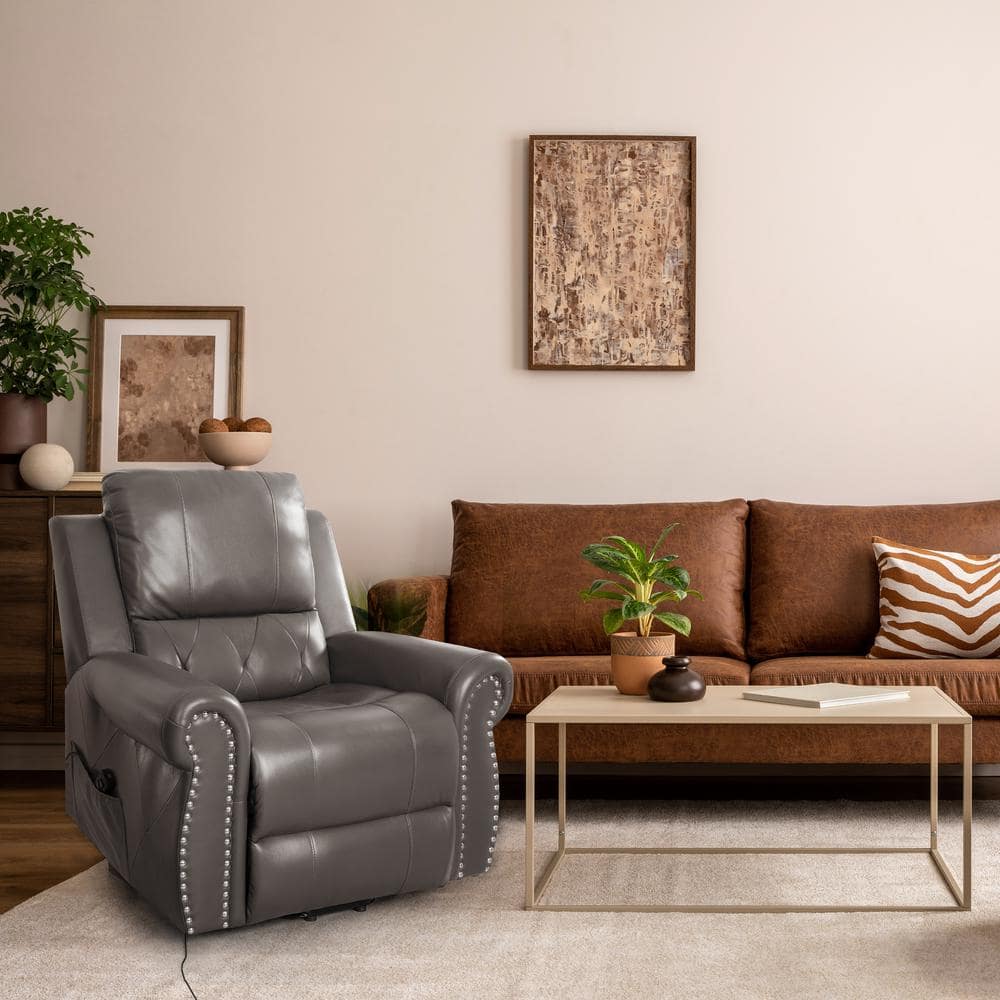 HOMESTOCK Oversized Gray Air Leather Power Lift Recliner with Footrest ...