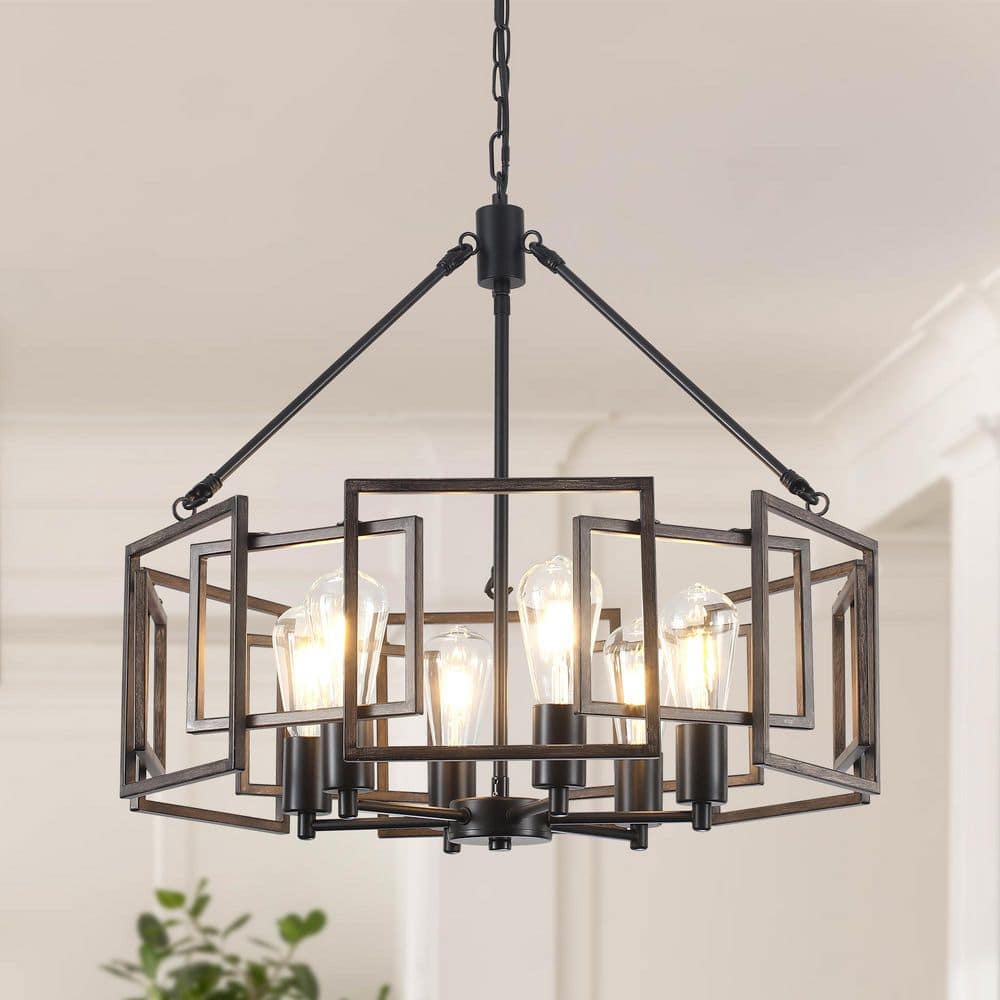 HLJYNJM 6 Light Black and Wood Grain Fuax Modern Geometric Drum ...
