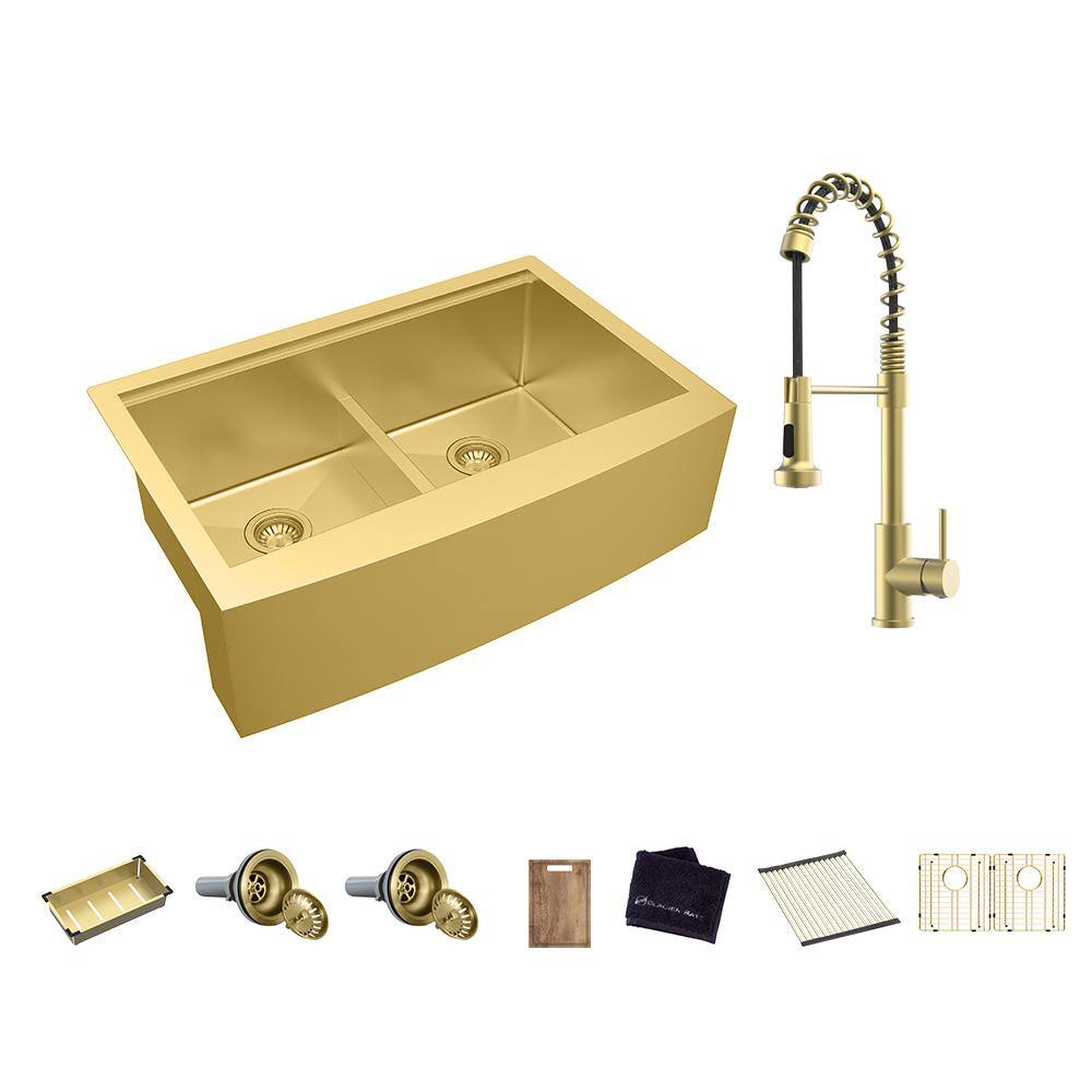 Glacier Bay 33 in. Farmhouse/Apron-Front Double Bowl 18-Gauge Gold ...