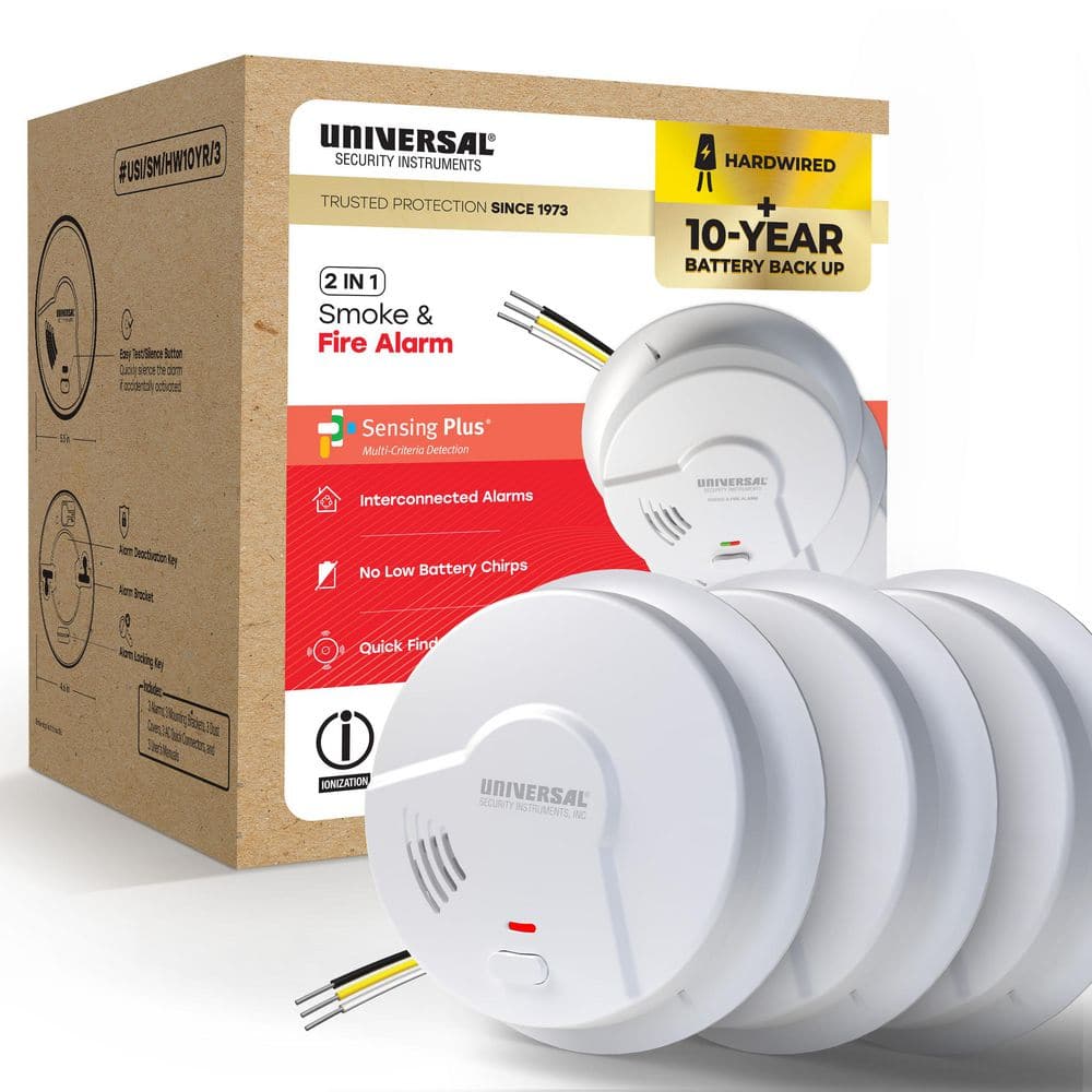 Universal Security Instruments (3-Pack) Hardwired & 10-Year Battery ...