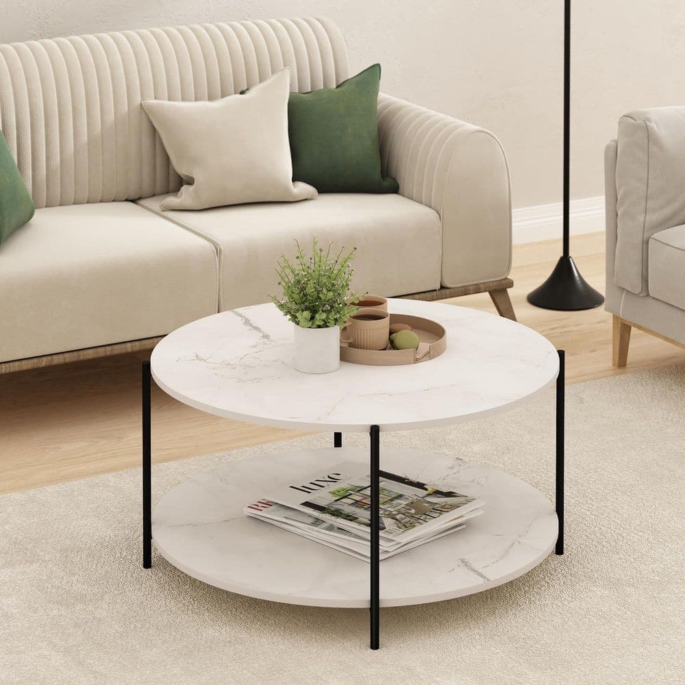 Furinno BESI 32.4 in. Light Marble/Black Round Wood Coffee Table with ...