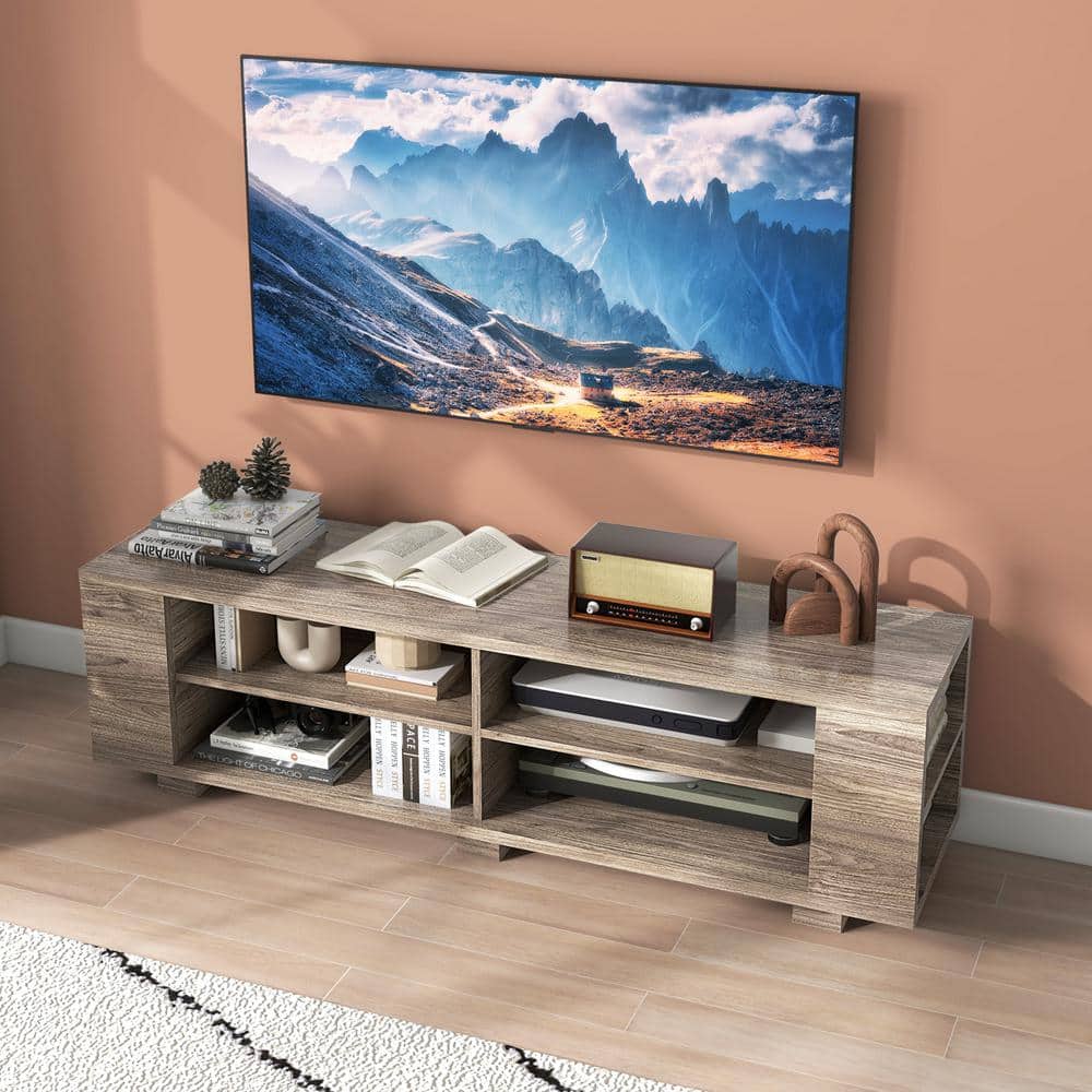 FORCLOVER Gray Wood TV Stand with 8-Open Shelves Fits TVs up to 65 in ...