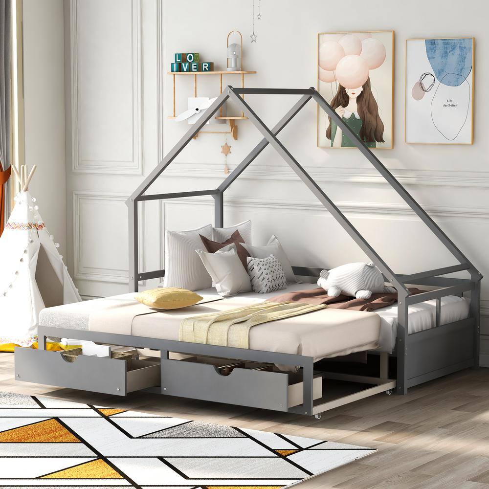 URTR Gray Extendable Daybed with Two Storage Drawers, Twin to King Size ...