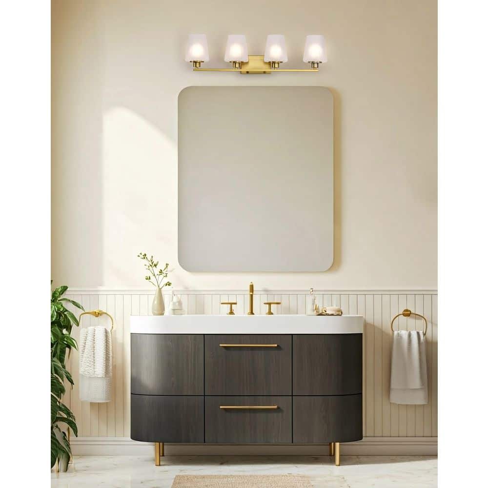 SATCO Lune 32 in. 4-Light Vintage Brass Vanity Light with Etched White ...