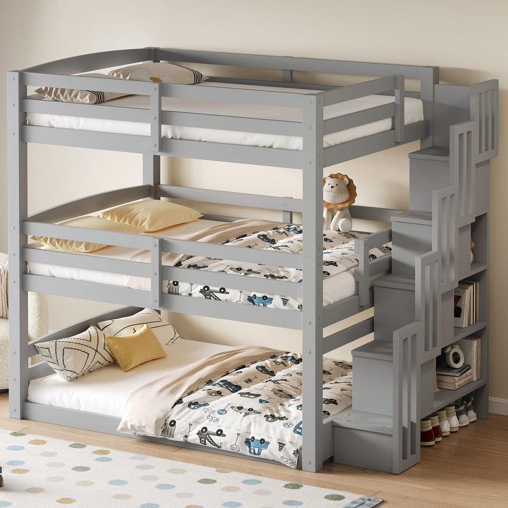 Harper & Bright Designs Detachable Design Gray Full Wood Triple Bunk ...