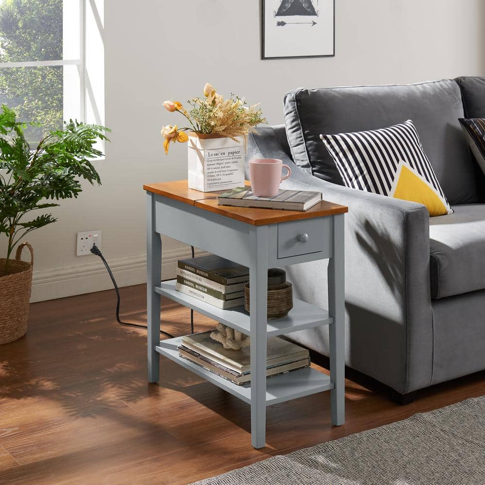 Tileon Narrow 2-Tone End Table with USB Charging Ports for Small Space ...