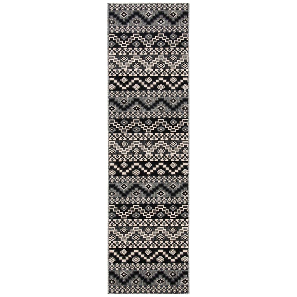 SAFAVIEH Veranda Black/Beige 2 ft. x 10 ft. Aztec Tribal Indoor/Outdoor ...