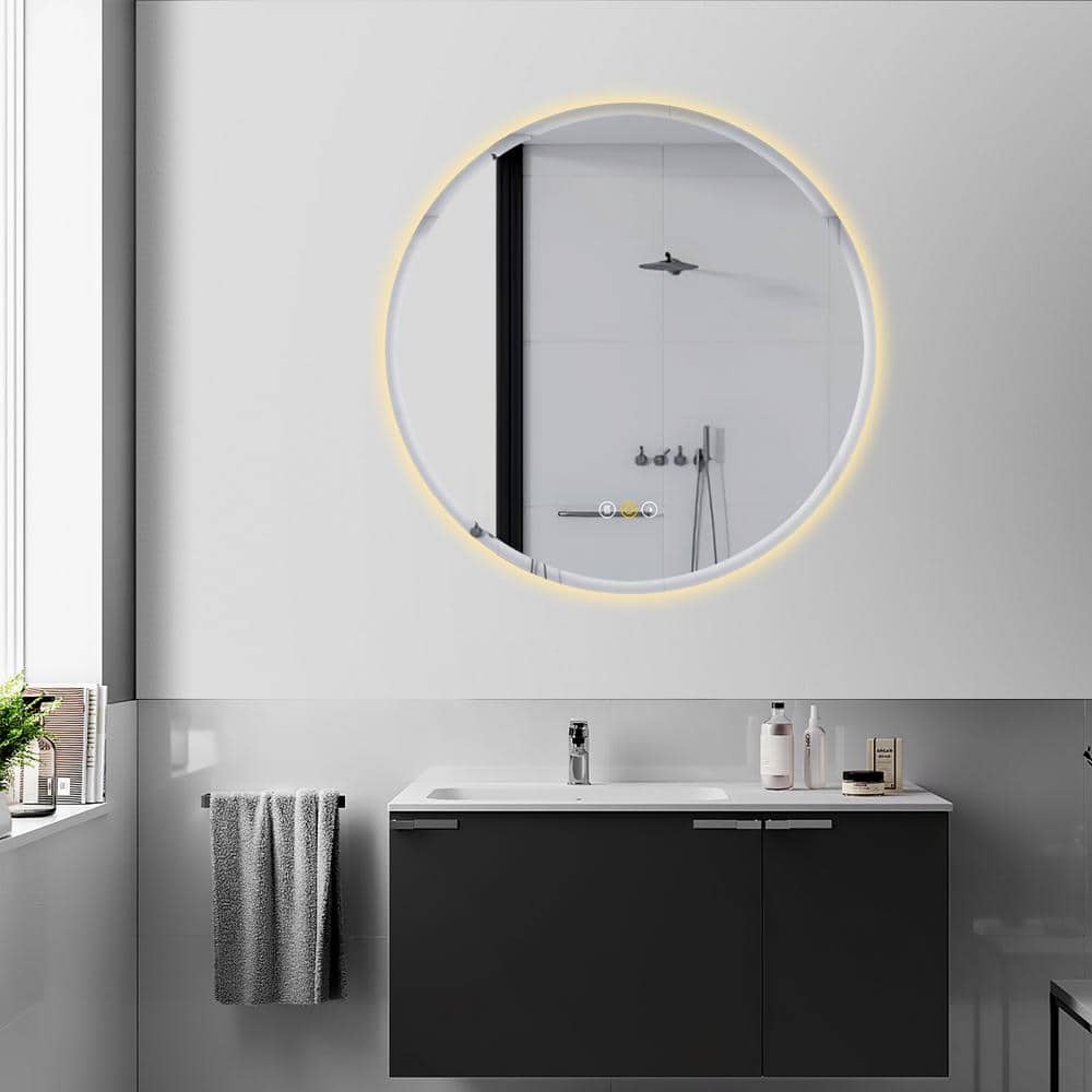 HBEZON RS 24 in. W x 24 in. H Round Beveled Edge 3 Colors Dimmable LED ...