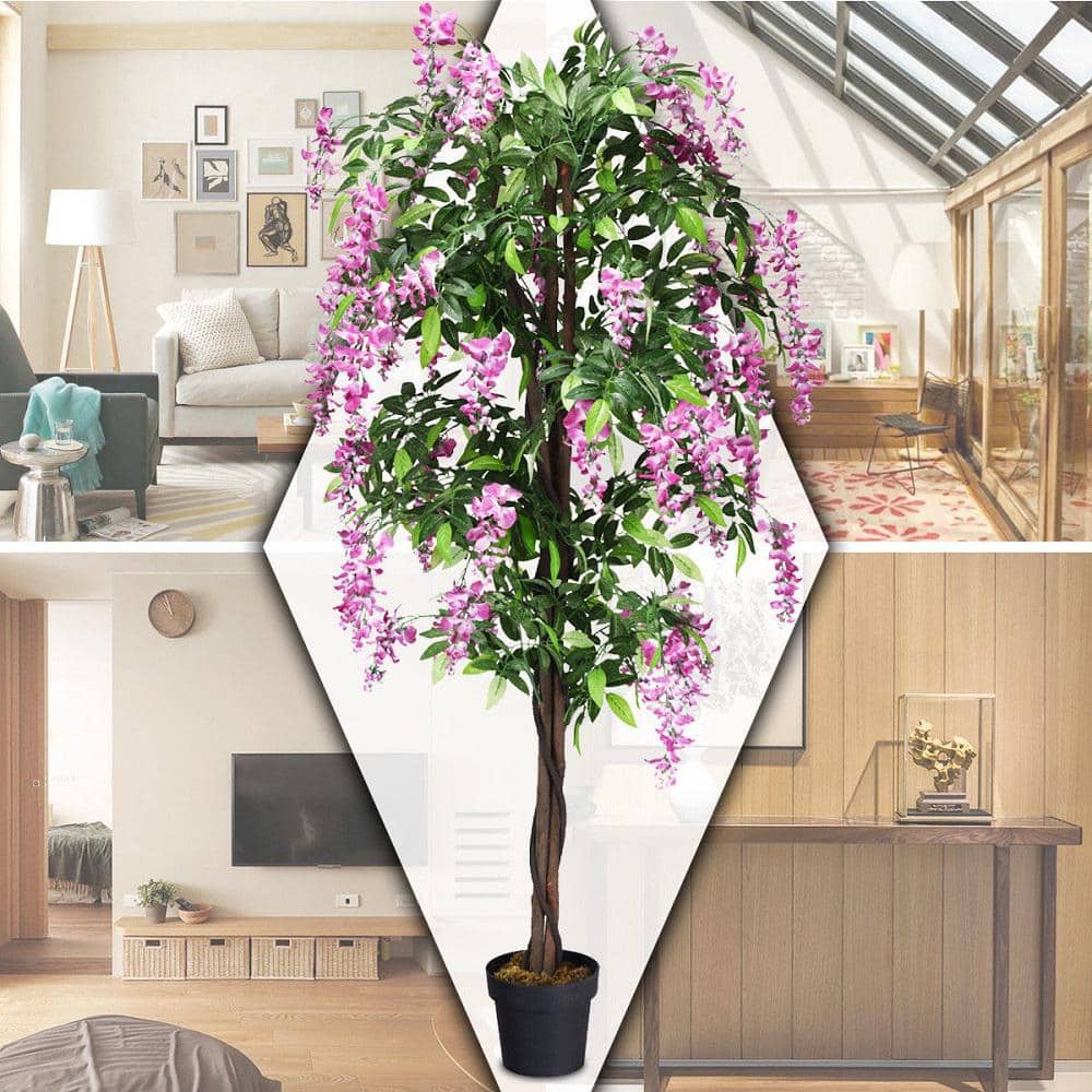 Gymax 6 ft. Artificial Wistera Silk Tree Pink Flower Home Holiday Decor ...