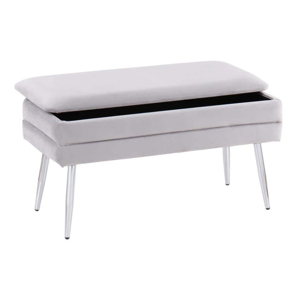 Lumisource Neapolitan Chrome Storage Bench in Silver Velvet 16 in. x 30 ...