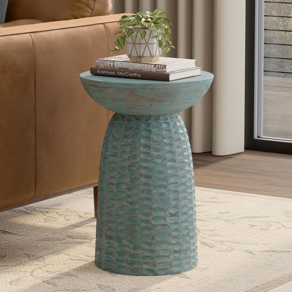 Simpli Home Boyd 16 in. W Teal Wash Round Solid Mango Wood End Table ...