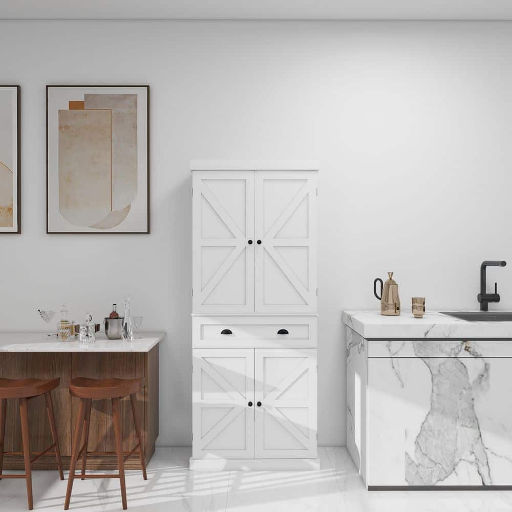 FUNKOL 29.92inx15.75nx71.65in White Mi-character MDF Kitchen Cabinet ...