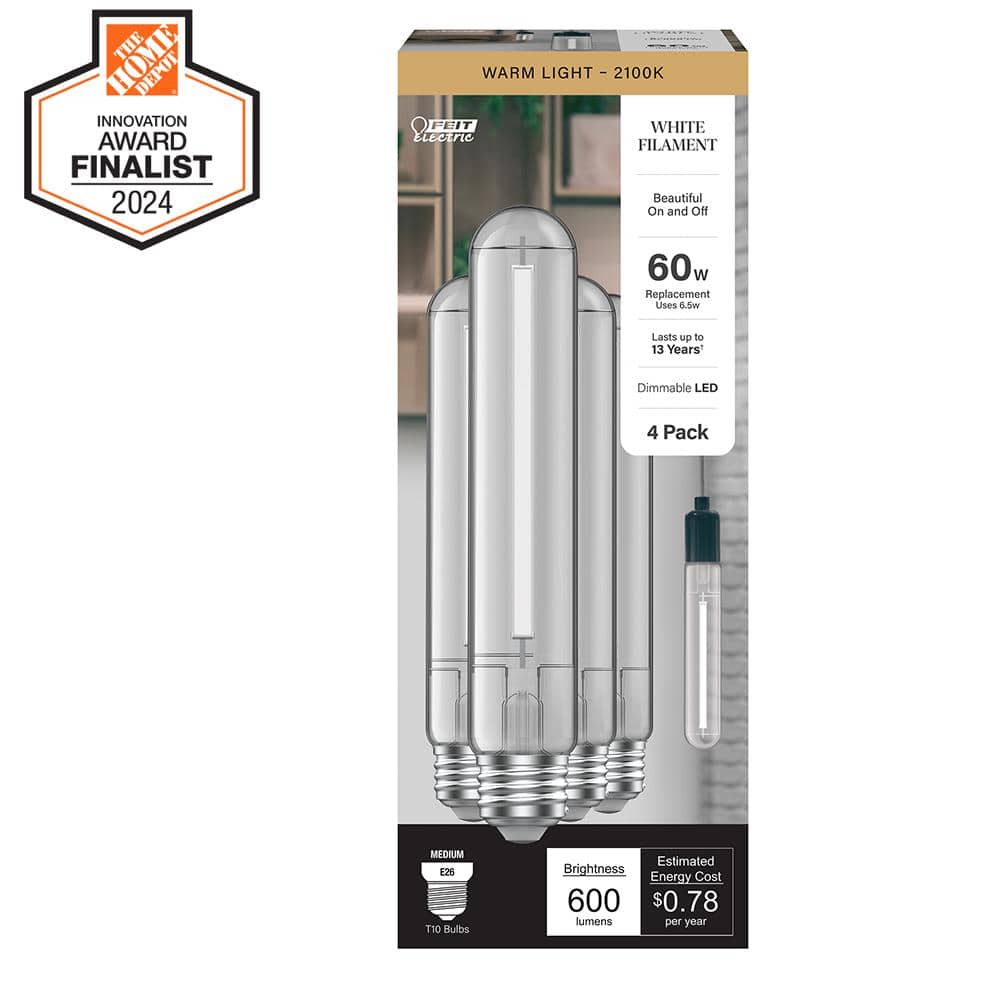 Feit Electric 60-Watt Equivalent T10L Dimmable Straight White Filament ...