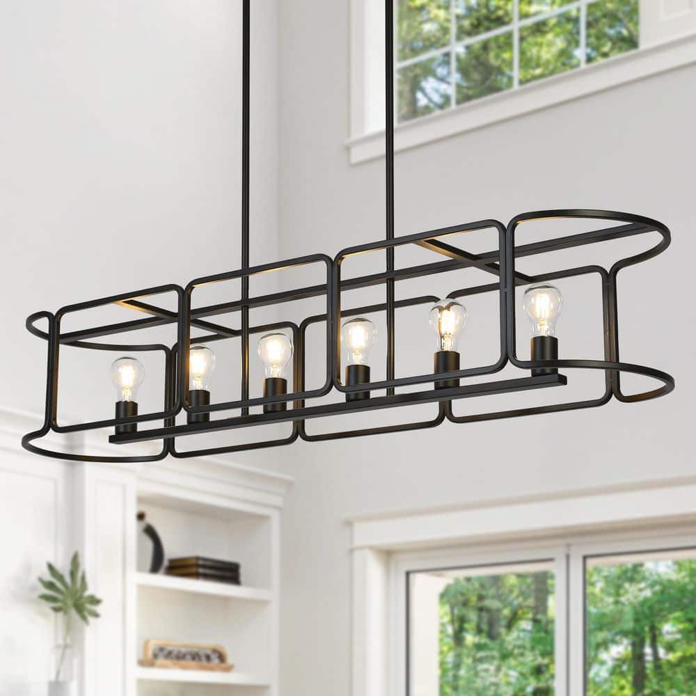 LNC 48 in. 6-Light Black Rectangle Island Chandelier Modern Dining Room ...