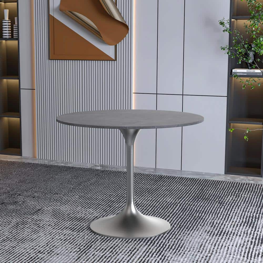 Leisuremod Verve Mid-Century Modern Round Grey Stone 35.43 in. Pedestal ...