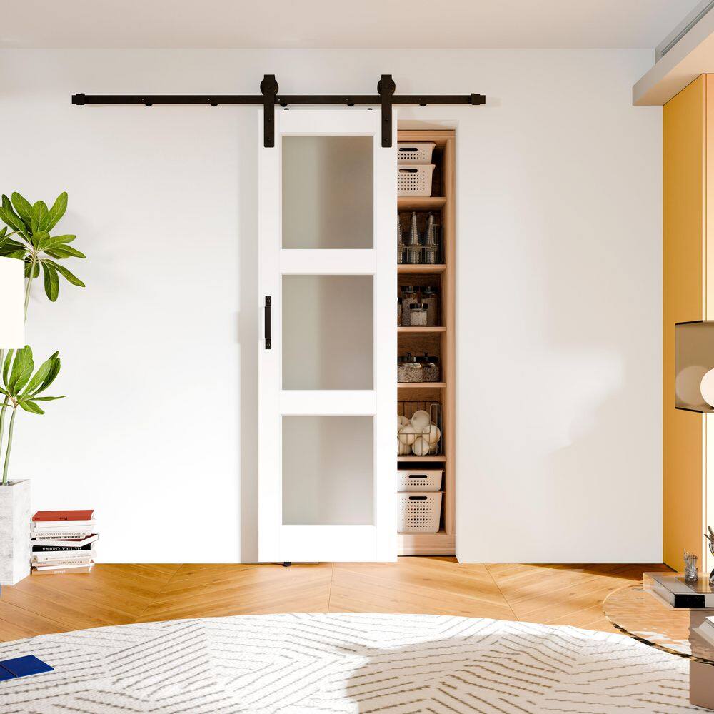 TENONER 28 in. x 80 in. White 3-Lite Frosted Glass Panel Solid Wood ...