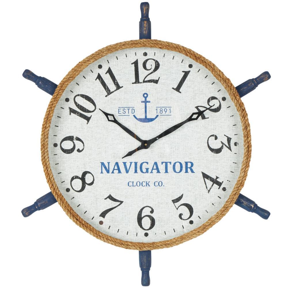 Litton Lane White Wood Ship Wheel Wall Clock with Brown Rope Frame and ...