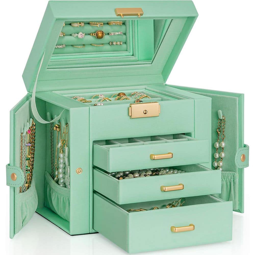 4-Tier Jewelry Box Faux Leather Jewelry Storage Organizer with 3 ...