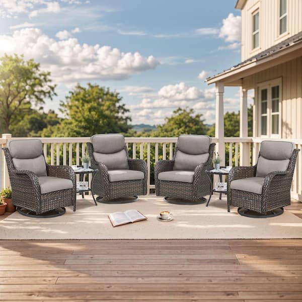 Bellefurn Smiley 6-Piece Brown Wicker Patio Conversation Set with Gray Cushions, Outdoor Swivel ...