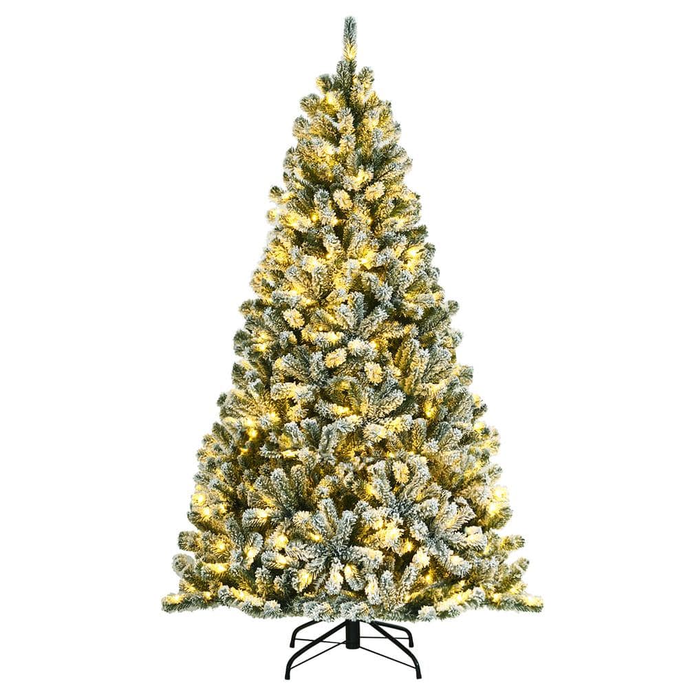 Gymax 6 ft. Pre-Lit Artificial Christmas Tree Snow Flocked Full Xmas ...