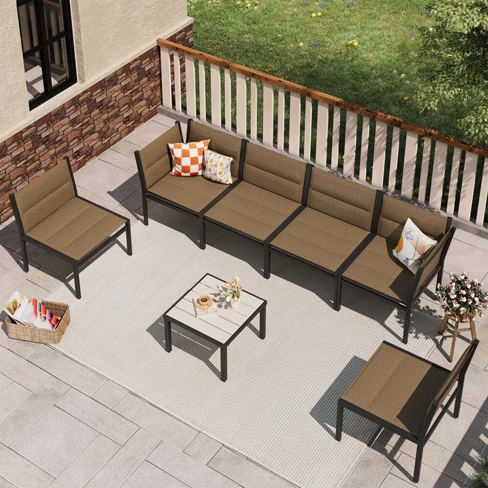 Zeus & Ruta 7-Piece Black Aluminum Outdoor Patio Conversation Set with ...