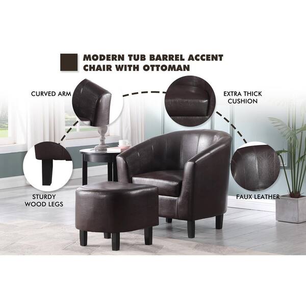 Dwell Home Inc Wesley Dark Brown Faux Leather Barrel Tub Chair with Ottoman AC WES HPUC02 1 The Home Depot