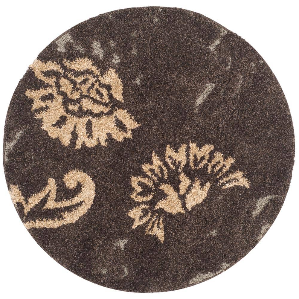 SAFAVIEH Florida Shag Dark Brown/Smoke 4 ft. x 4 ft. Round Floral Area ...
