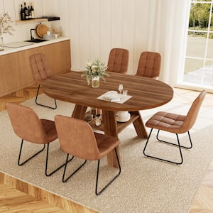 GOJANE 7-Pieces Round Walnut MDF Top Extendable Dining Table Set ...