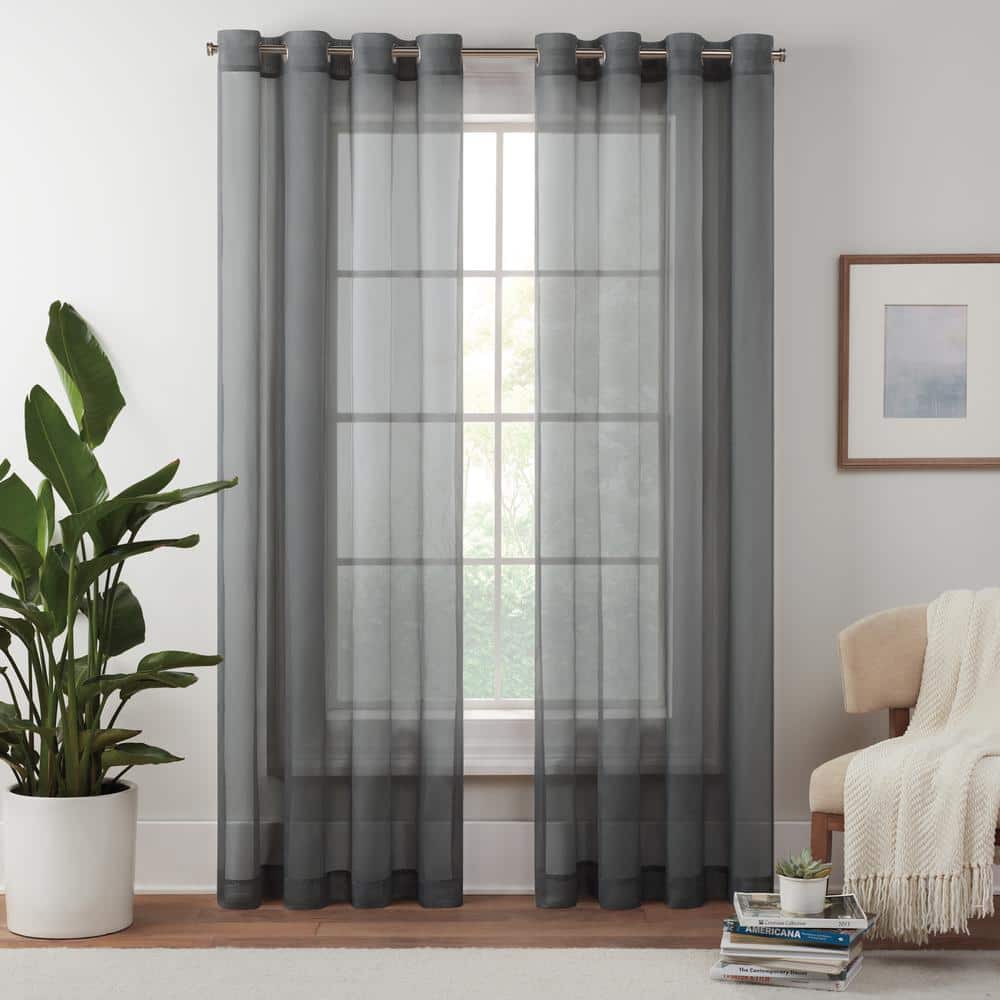 Eclipse Livia Grey Solid Polyester 54 in. W x 84 in. L Sheer Grommet ...