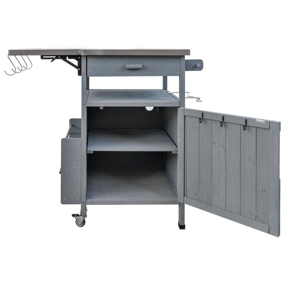 HomeAura 40.5 in. Blue Grey Wood Outdoor Grill Cart with Stainless ...