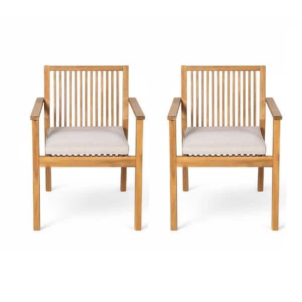 Patio Natural Dining Chair Set of 2, Acacia Wood with Waterproof Beige ...