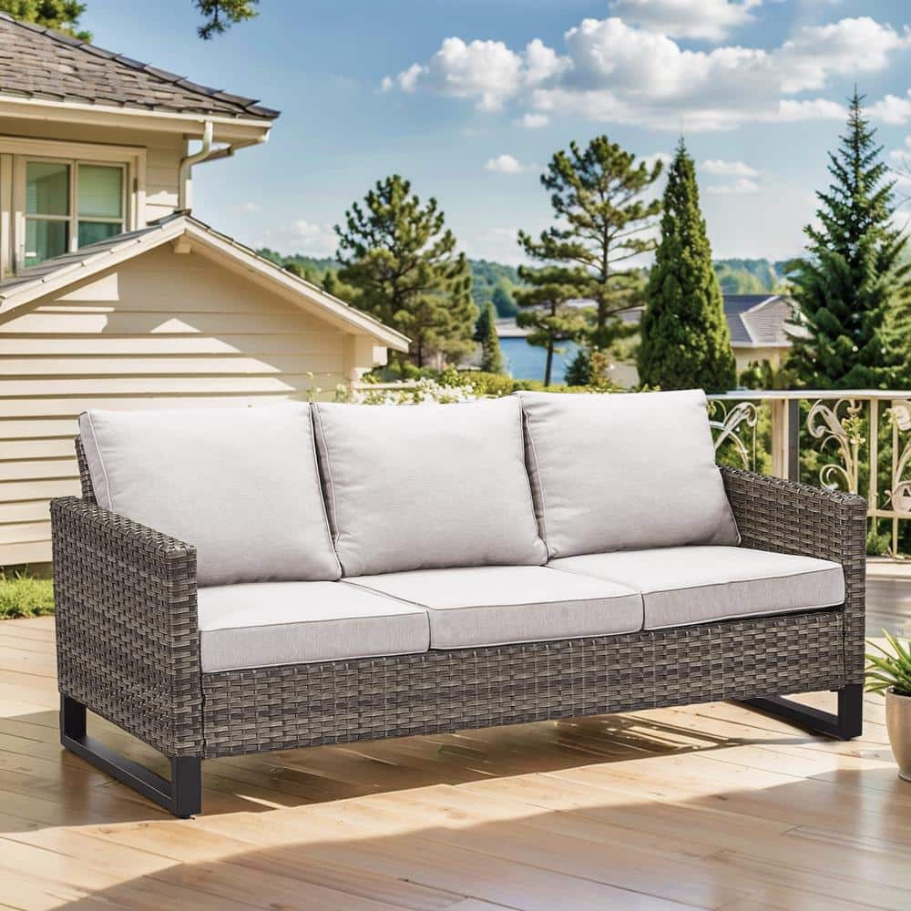 Opohoro Gray Wicker Outdoor Couch, Rattan Wicker 3-Seat Sofa High Back ...
