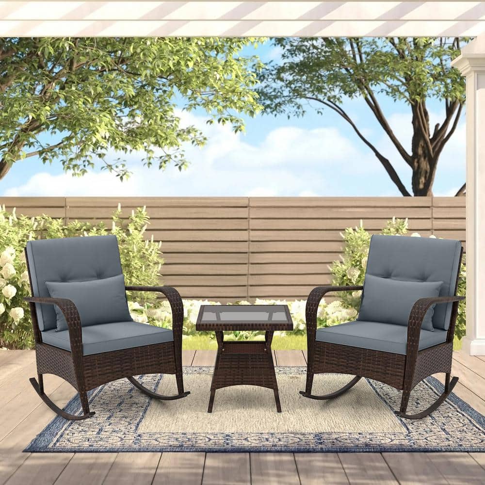 Liviza 3-Piece Wicker Patio Conversation Set with Gray Cushions ...