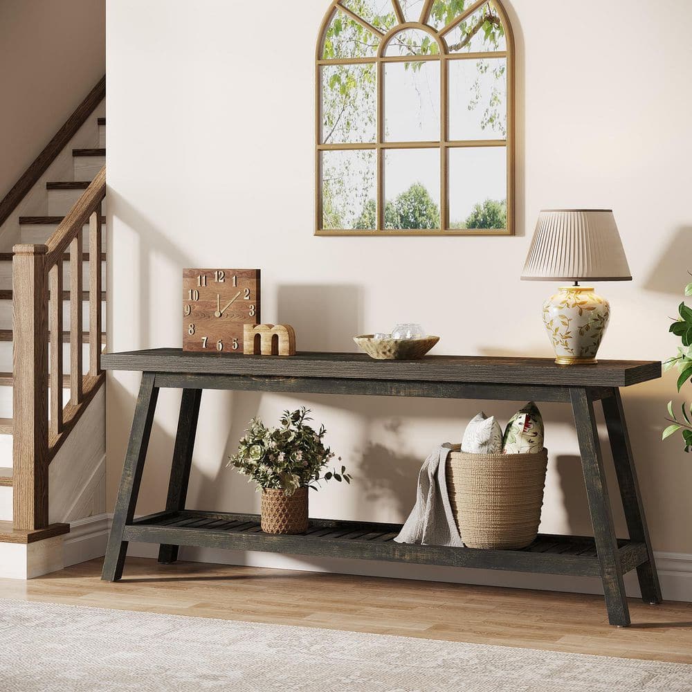 BYBLIGHT Turrella 70.9 in. Dark Brown Rectangle Wood Console Table with ...