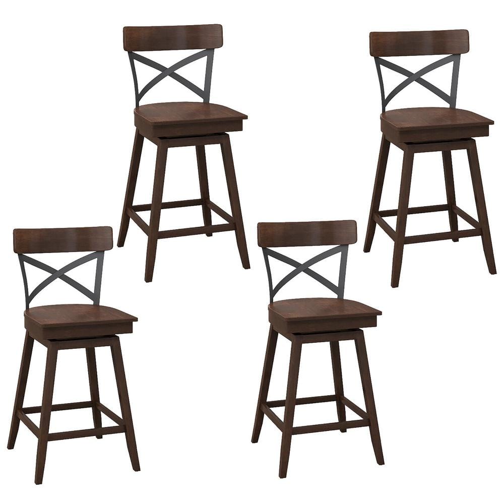 Gymax 24 in. Brown Set of 4 Metal Wooden Swivel Bar Stools Counter ...